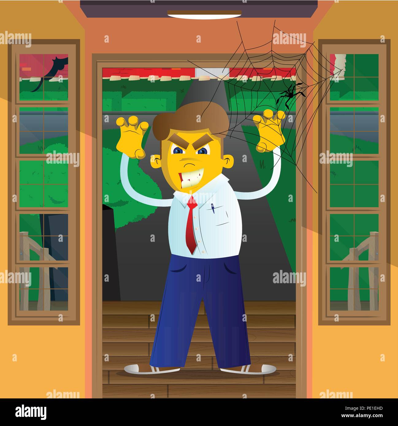 Yellow man is trying to scare you. Vector cartoon illustration Stock ...