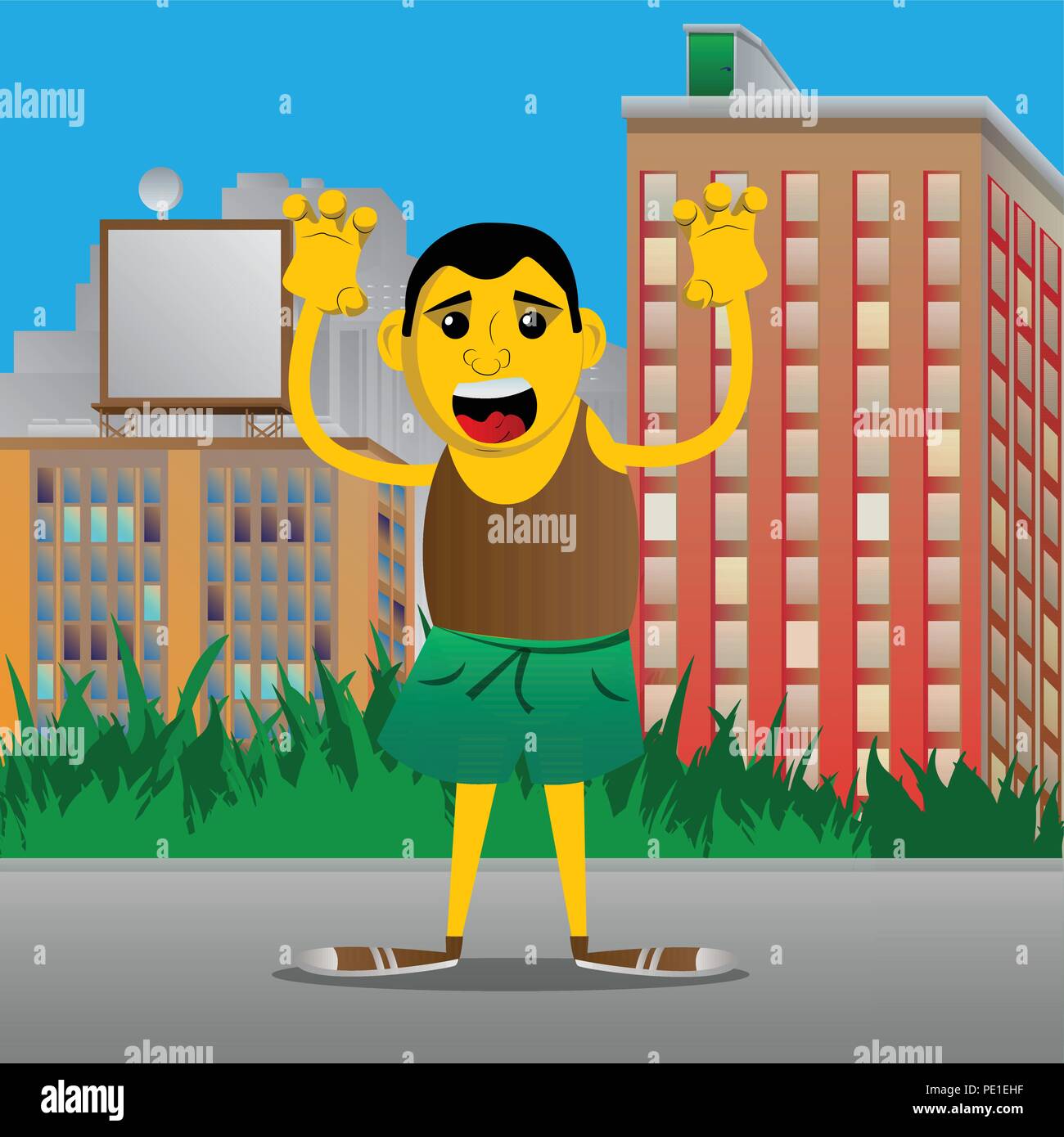 Yellow man is trying to scare you. Vector cartoon illustration Stock ...
