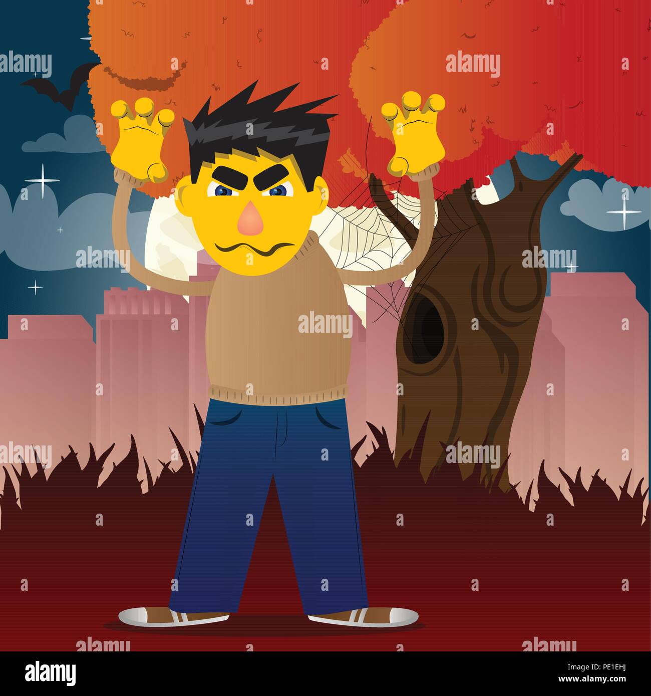 Yellow man is trying to scare you. Vector cartoon illustration Stock ...