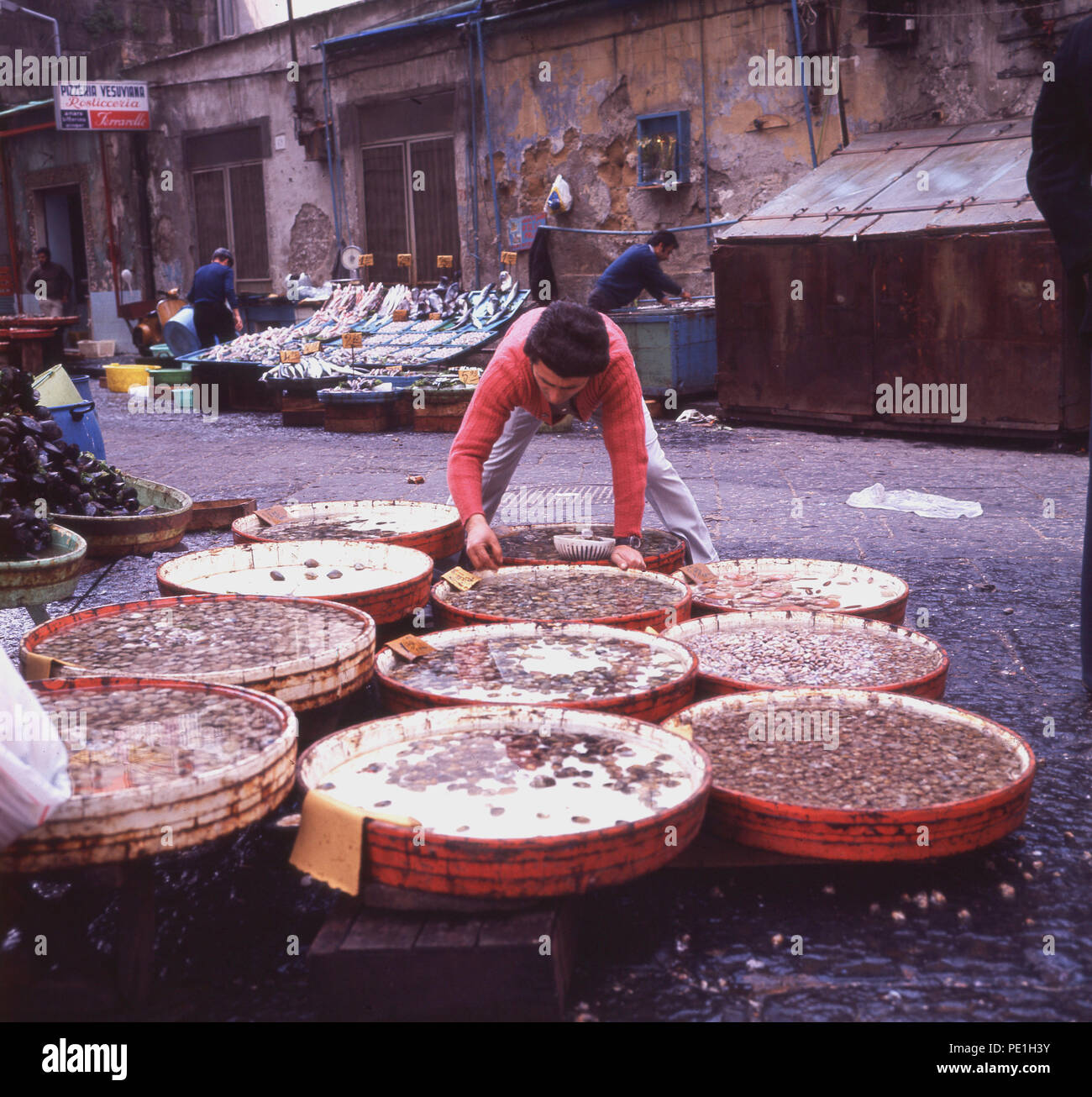1960s, fresh shell fish in trays of water laid out for sale on the ...