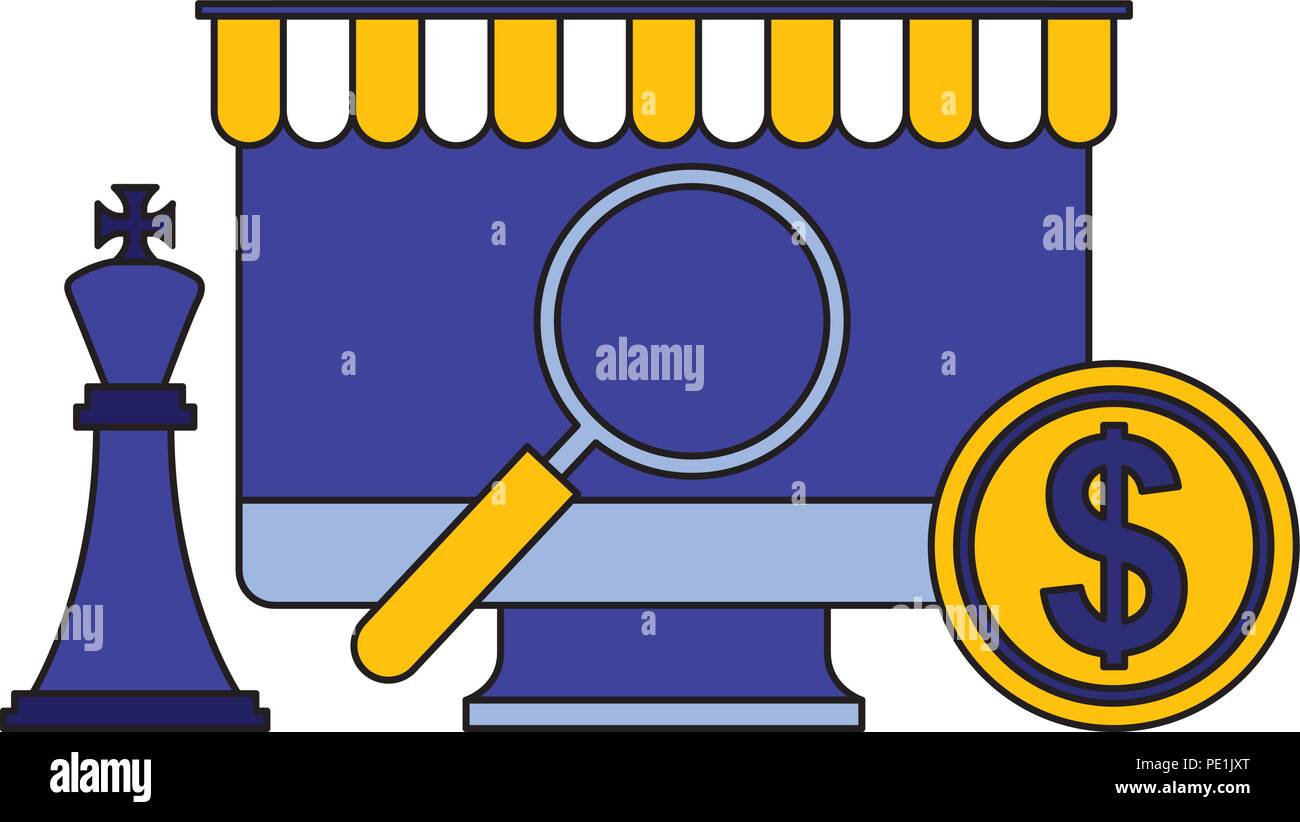 computer monitor with piece chess and objects vector illustration ...