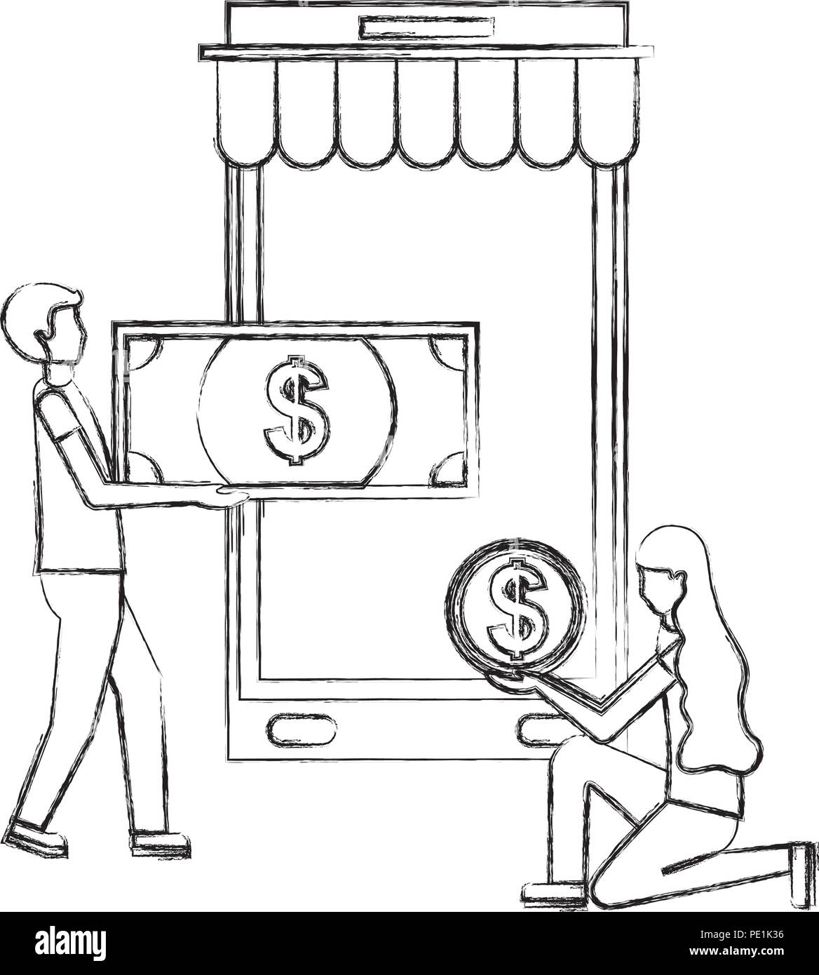 man with banknote and woman coin smartphone buy online vector ...