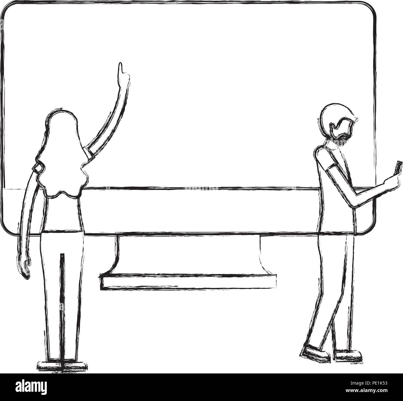 man and woman computer technology digital vector illustration hand ...