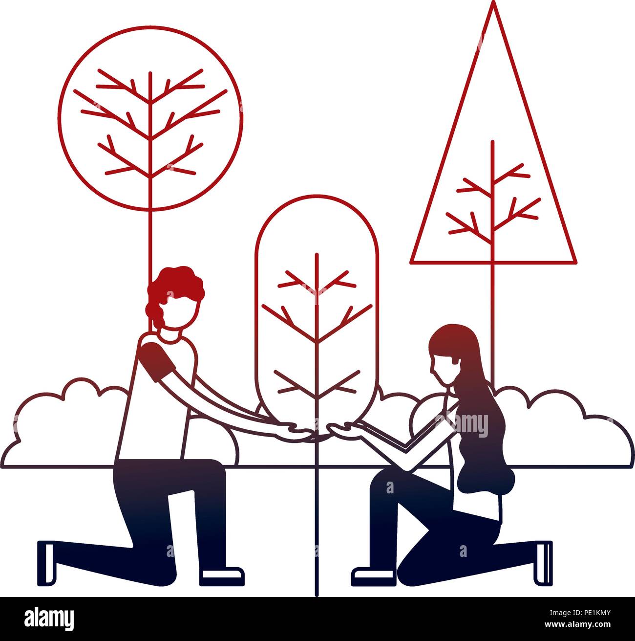 couple with landscape and tree plant isolated vector illustration ...
