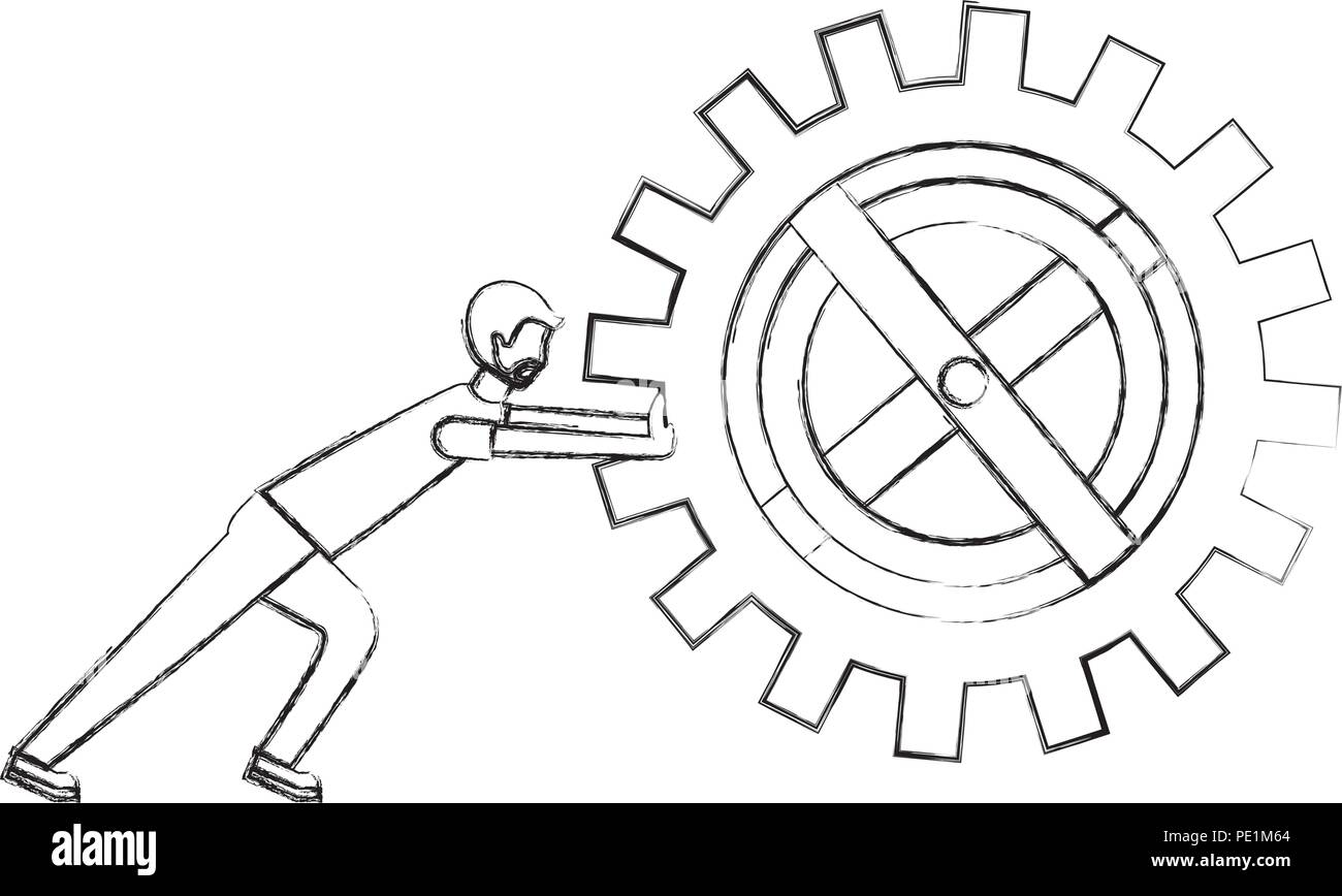 businessman pushing gear work vector illustration hand drawing Stock ...