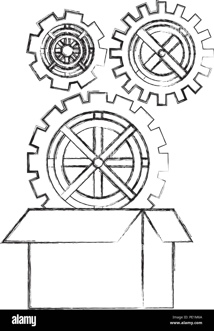 gears in the cardboard box work vector illustration hand drawing Stock ...