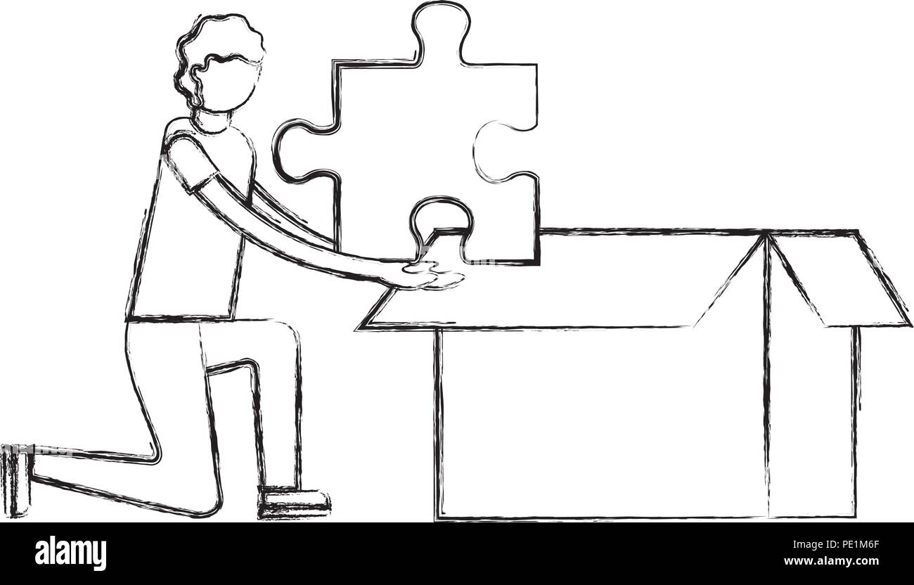 man with puzzle piece in cardboard box vector illustration hand drawing ...