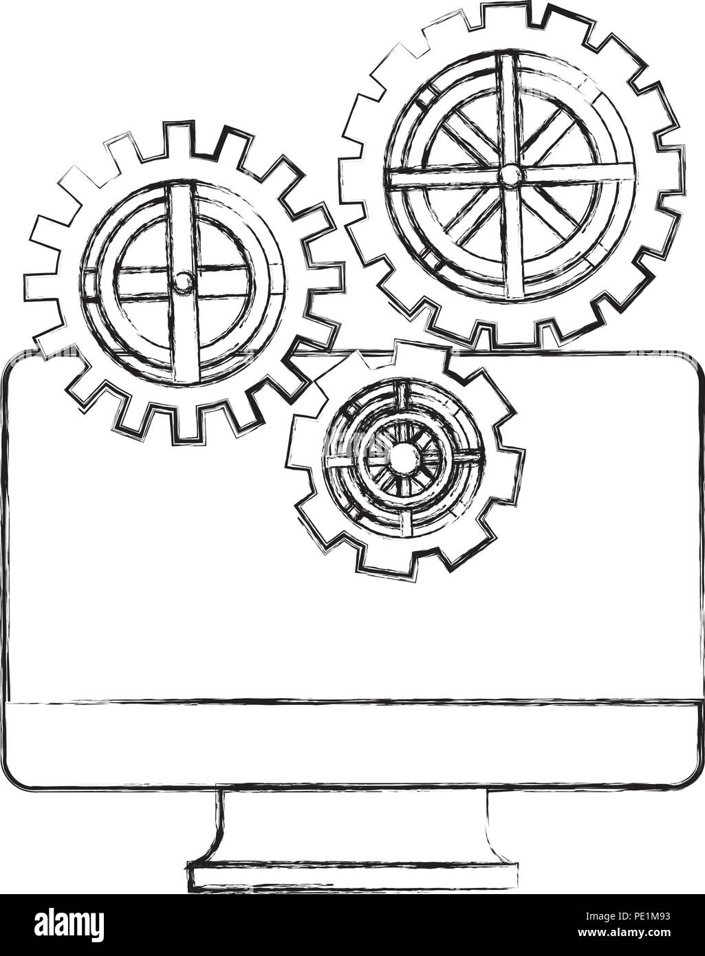 computer with gears mechanic wheels vector illustration hand drawing ...