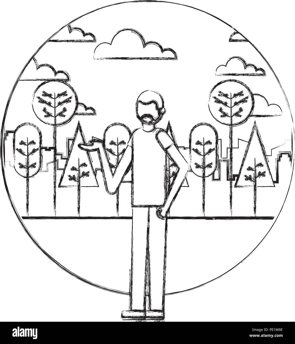 beard man landscape nature tree forest vector illustration hand drawing ...