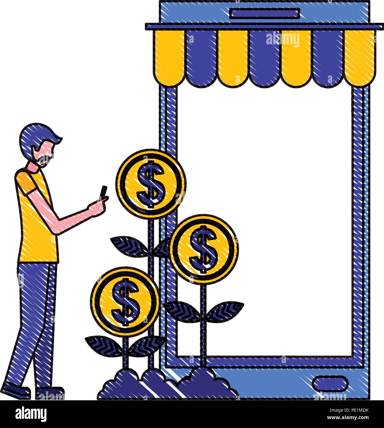 man using cellphone with plants coins money buy online vector ...