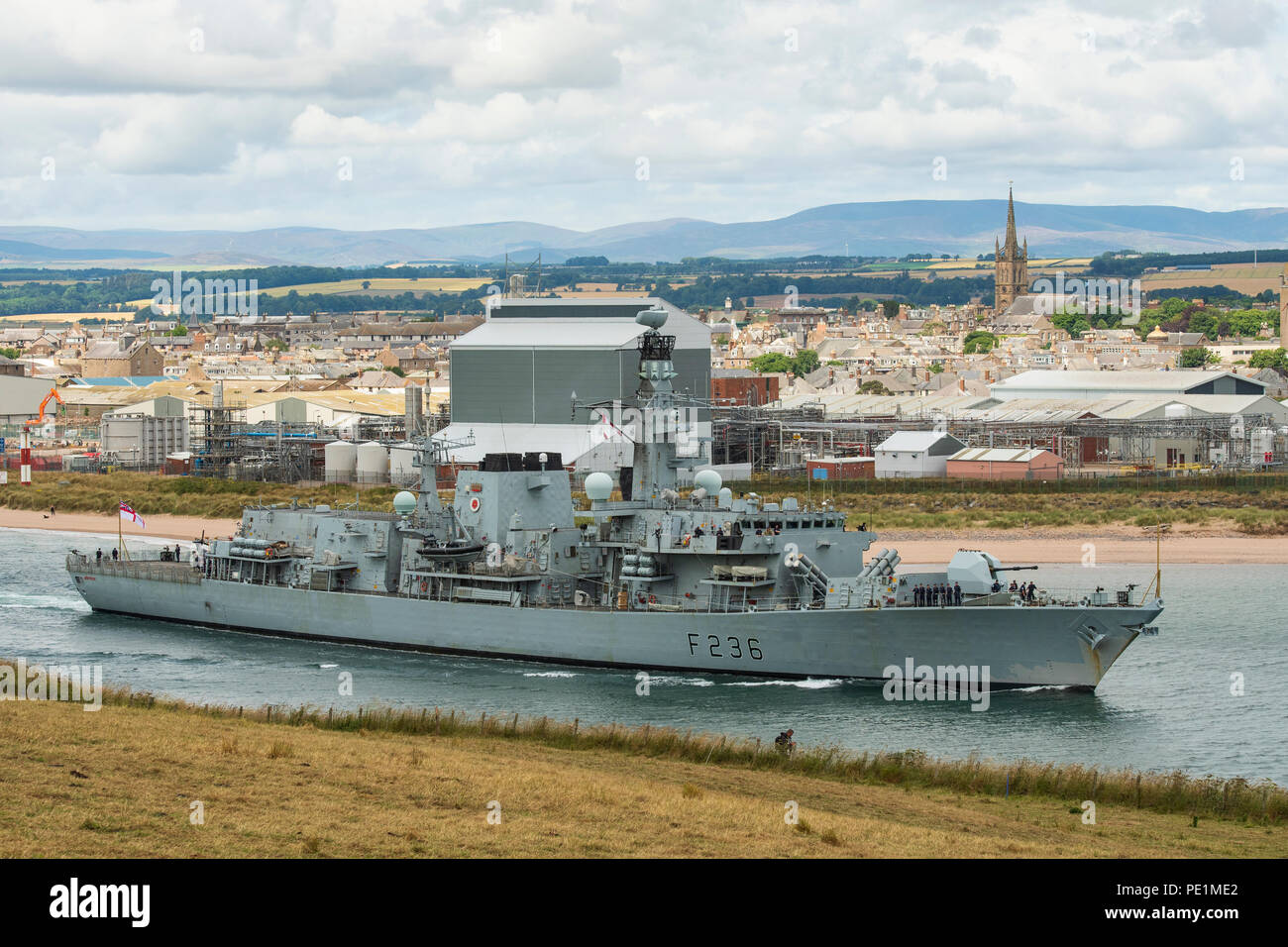 Royal Navy Type 23 frigate HMS Montrose leaves Montrose Port after a ...