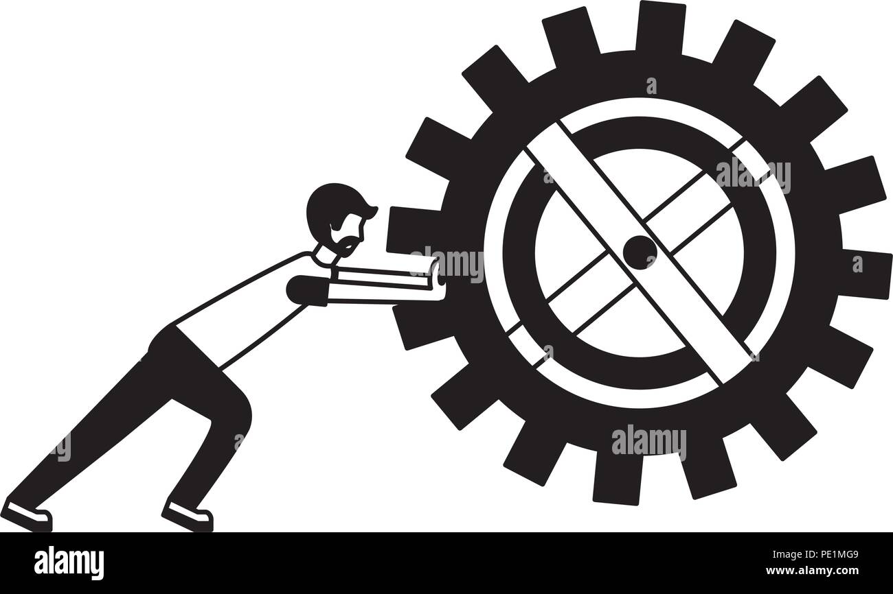 young man pushing gear machine isolated icon vector illustration design ...