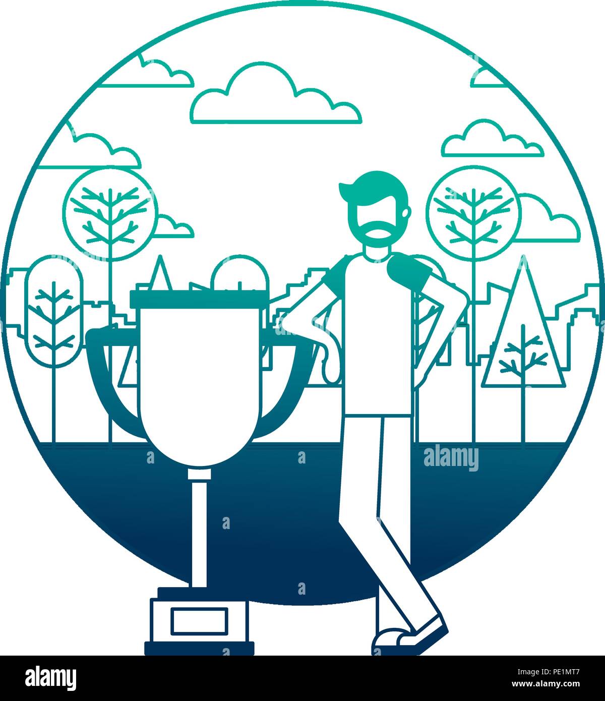 young man with trophy in landscape vector illustration design Stock ...