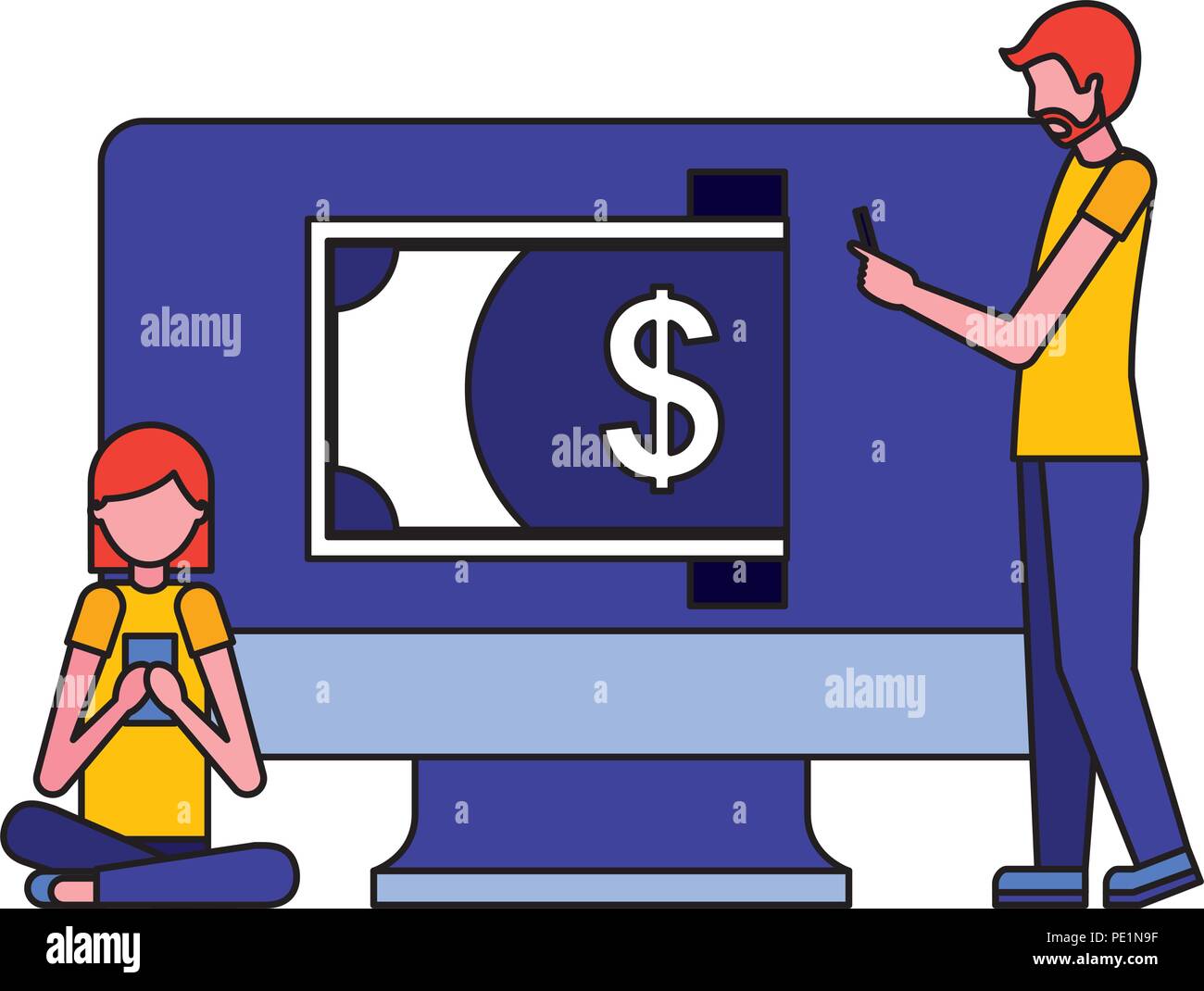 people with computer monitor and bill dollar Stock Vector Image & Art ...