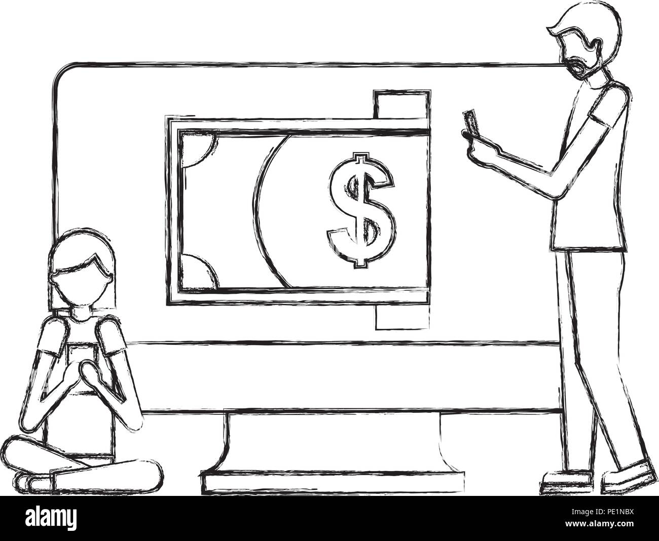man and woman business computer banknote payment hand drawing design ...