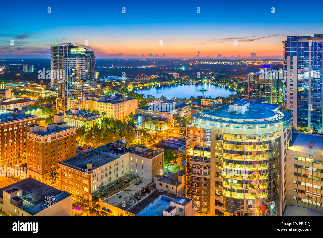 Orlando, Florida, USA aerial cityscape towards Lake Eola at dusk Stock ...