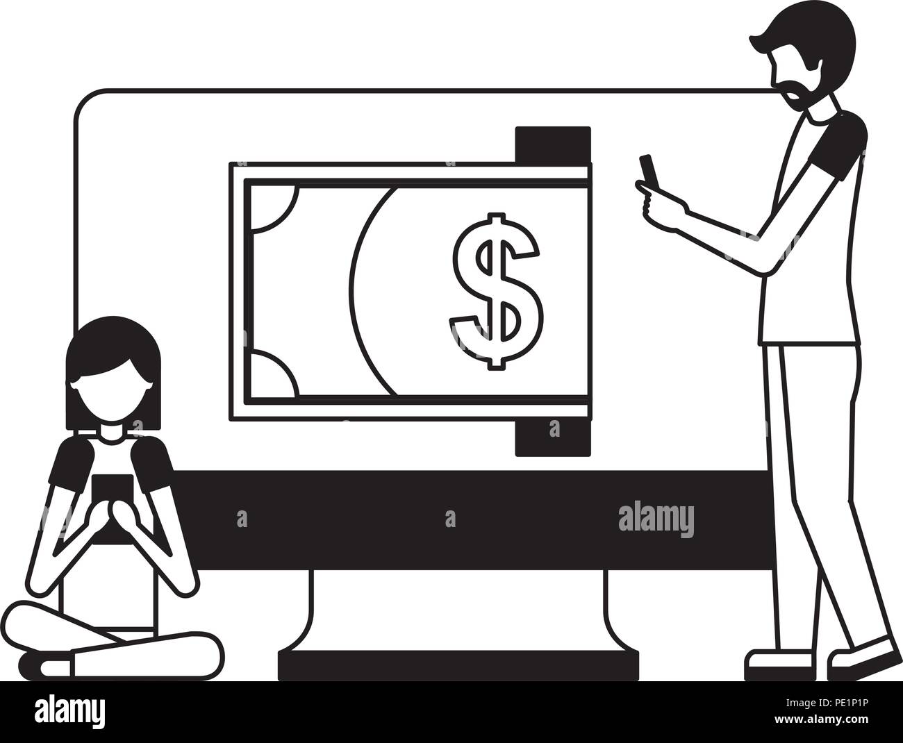 people with computer monitor and bill dollar Stock Vector Image & Art ...