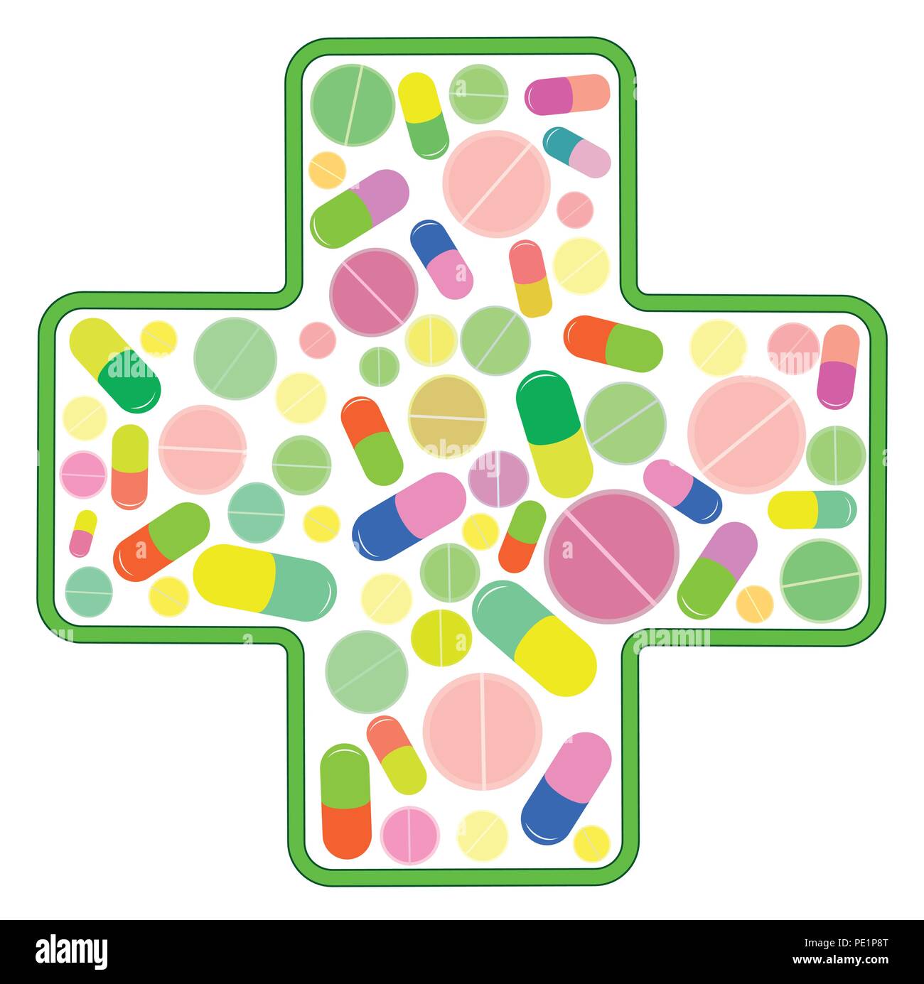 Flat drawing of a medical cross. Medicine, pills. Isolated, white ...