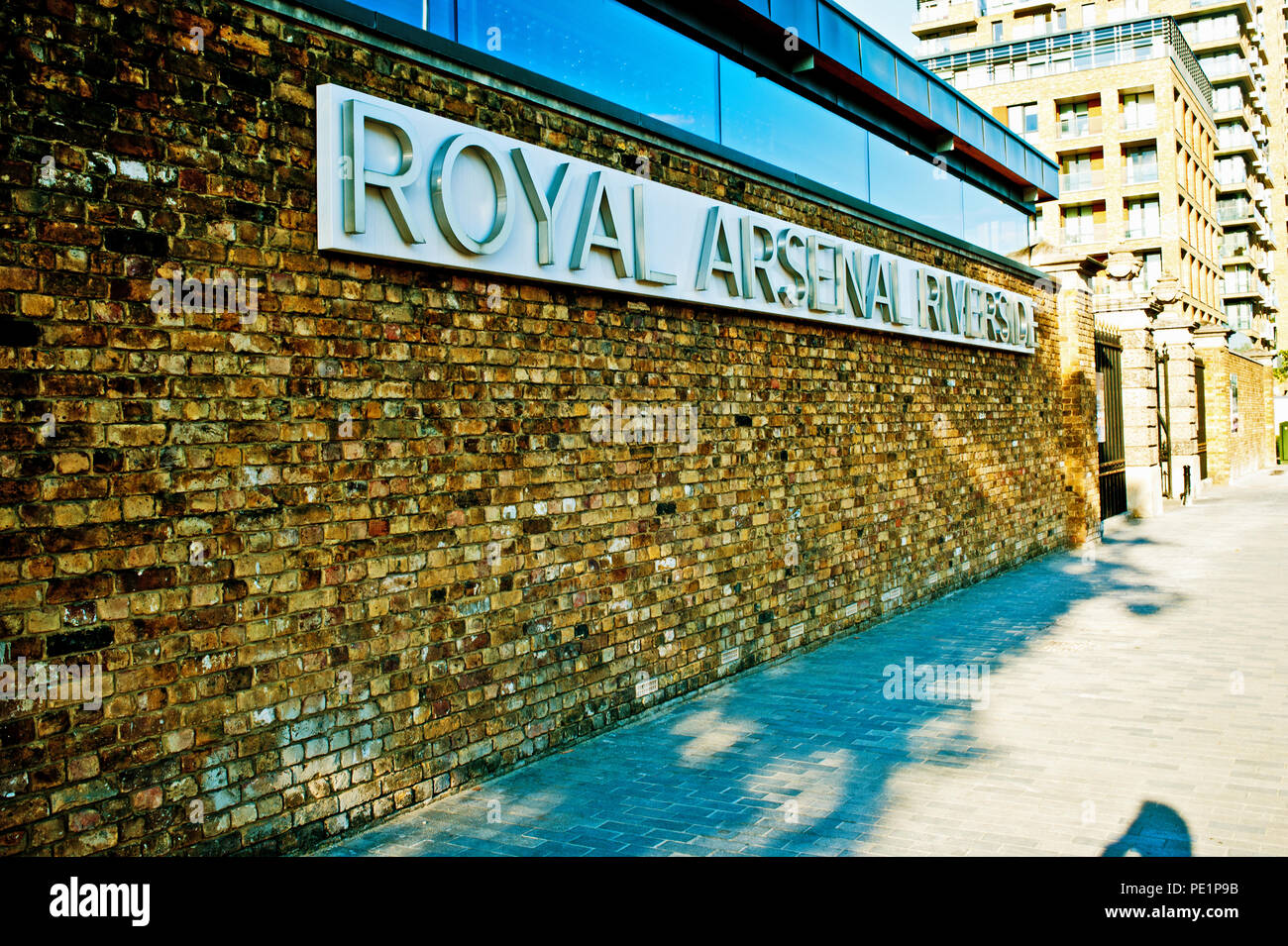 Royal Arsenal Riverside sign, Woolwich Arsenal, London, England Stock ...