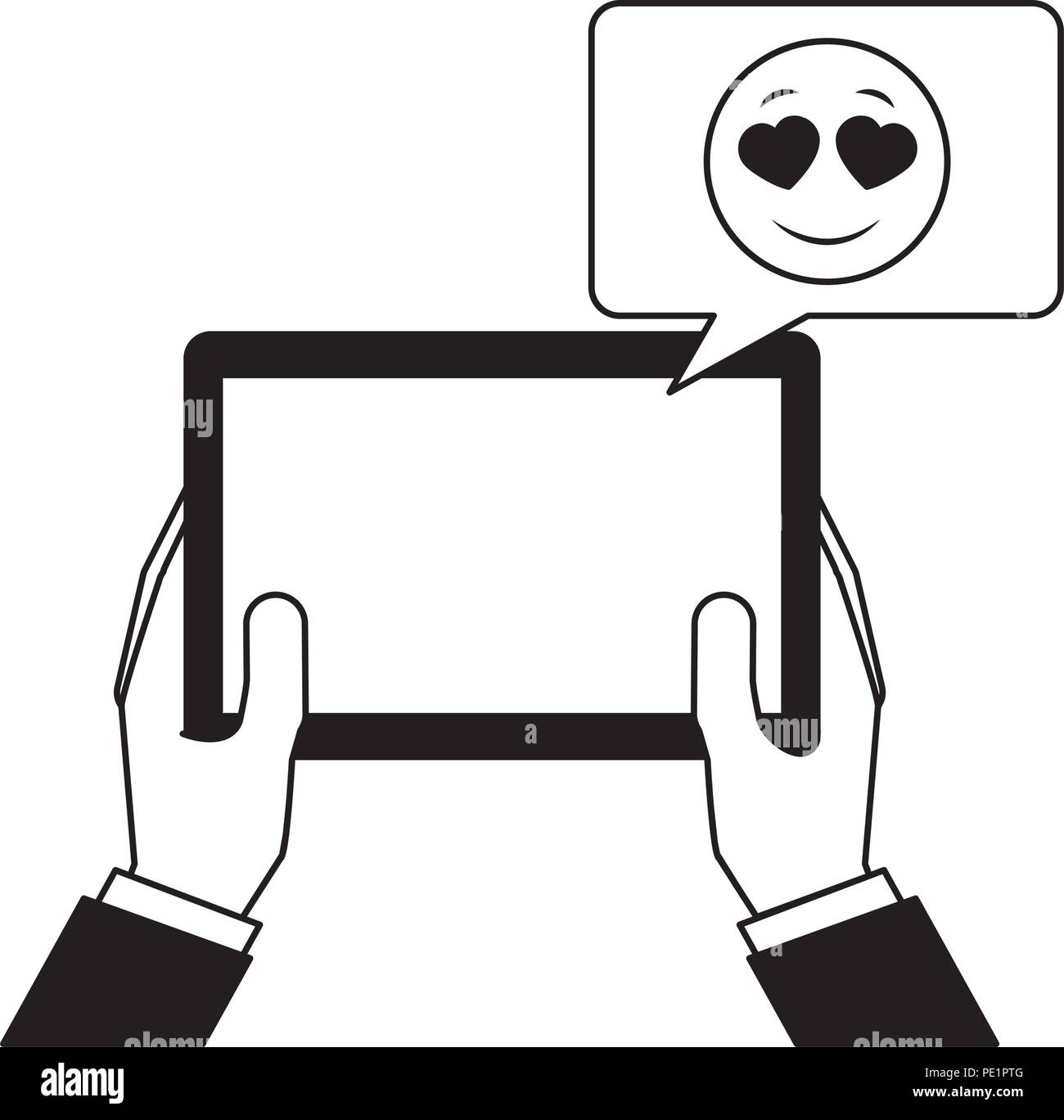hands with tablet device and emoji kawaii in speech bubble Stock Vector ...