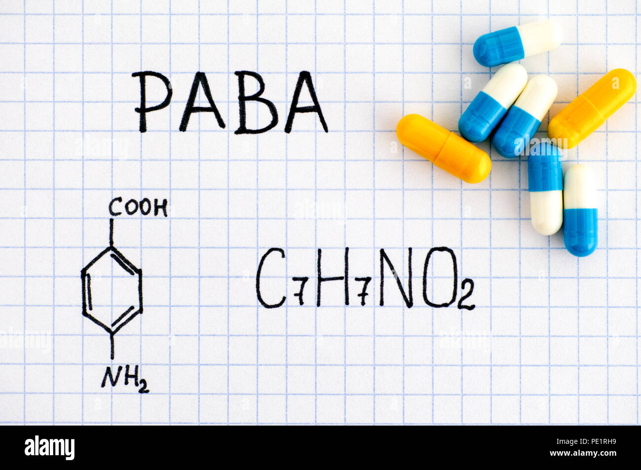 Chemical formula of PABA with some pills. Close-up Stock Photo - Alamy