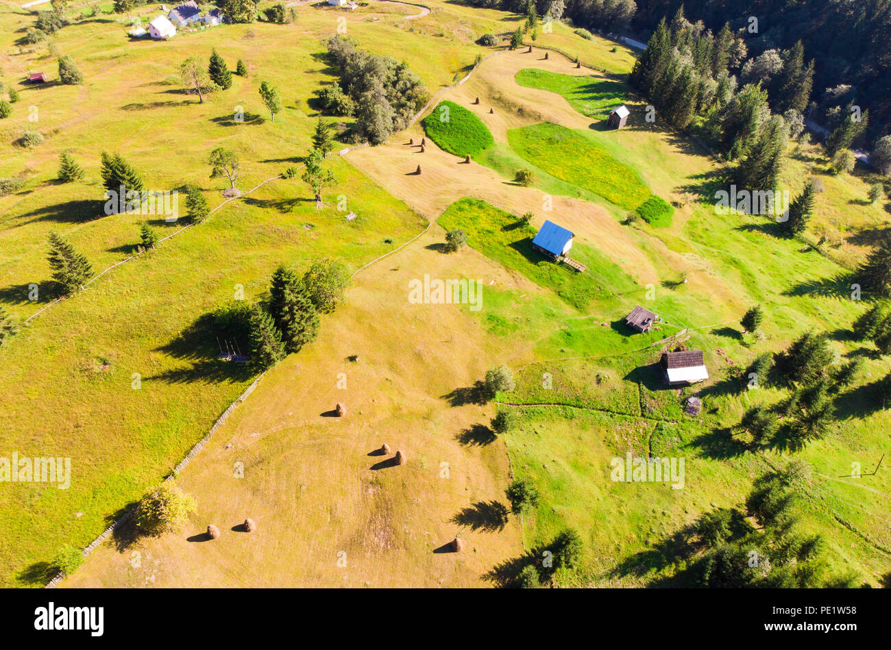 aerial view of hay stacks in Romania countryside Stock Photo - Alamy
