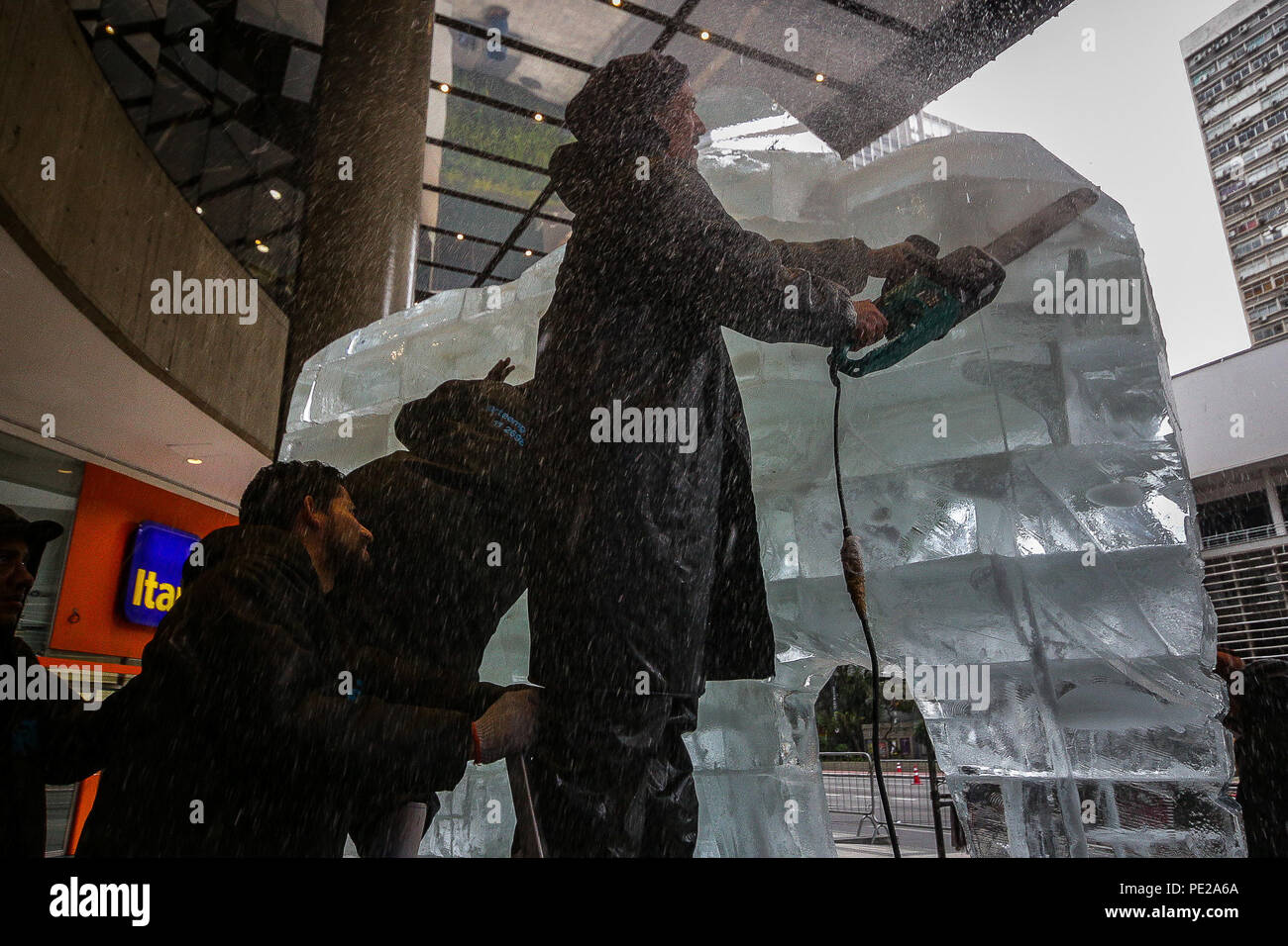 São Paulo, Brazil. 12th Aug, 2018. A huge elephant-shaped ice sculpture ...
