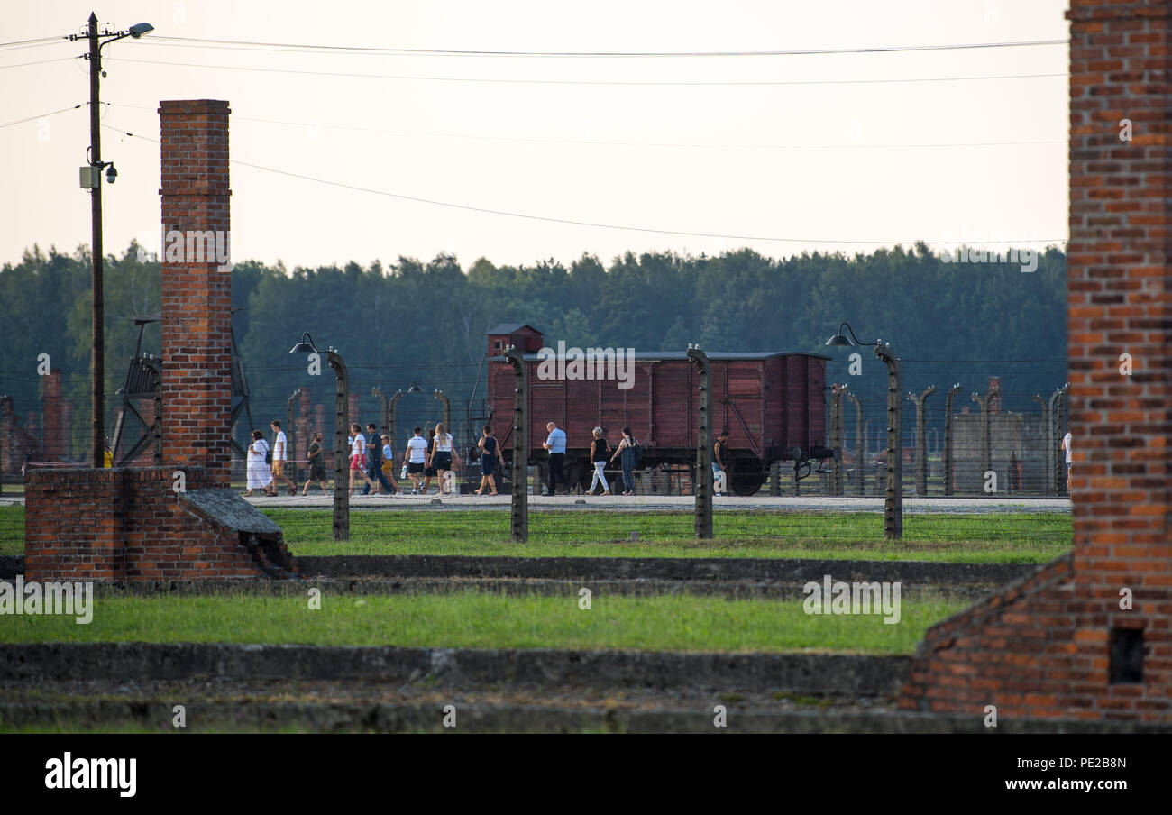 Oswiecim, Poland. 09th Aug, 2018. Visitors pass a historic wagon on the ...