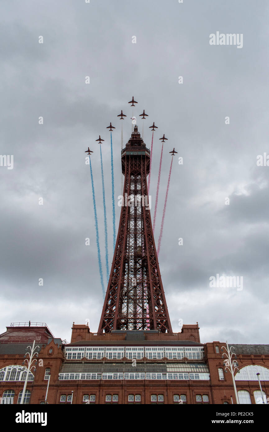 Blackpool, UK. 12 August 2018 - RAF Red Arrows fly over Blackpool Tower ...