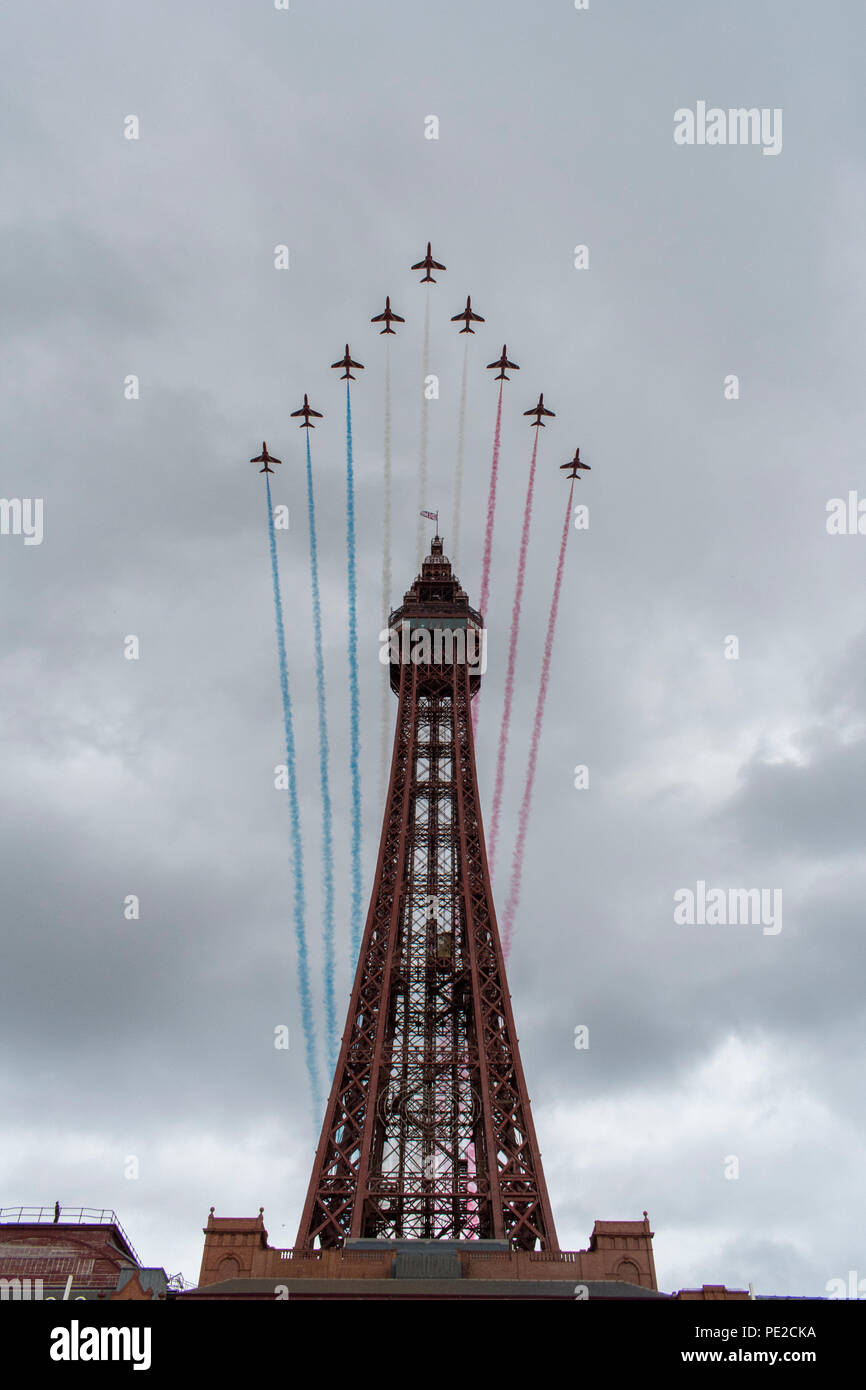 Blackpool, UK. 12 August 2018 - RAF Red Arrows fly over Blackpool Tower ...