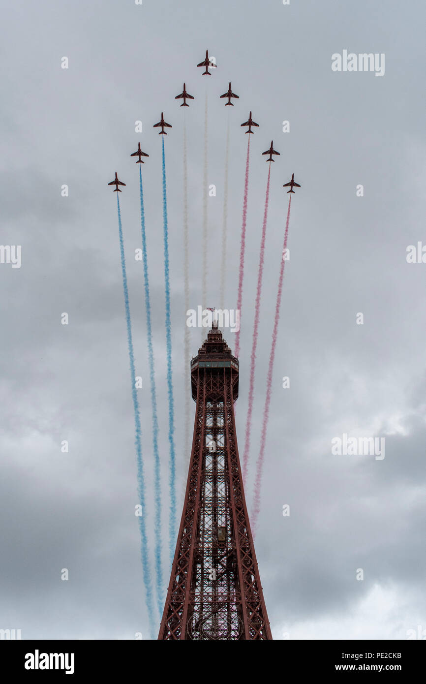 Blackpool, UK. 12 August 2018 - RAF Red Arrows fly over Blackpool Tower ...