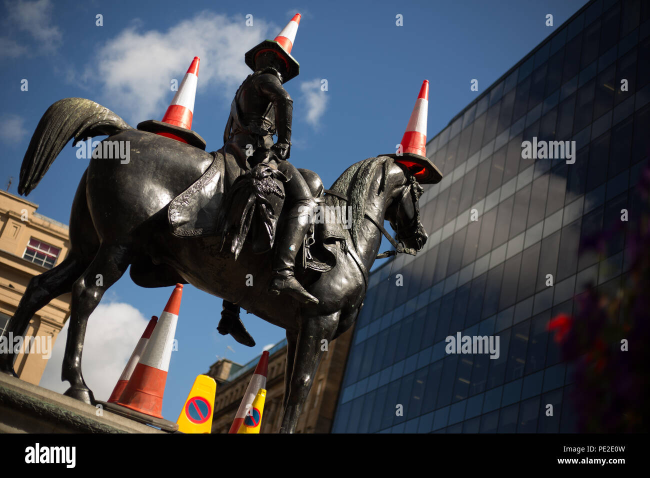 Iconic statue of Duke of Wellington, with police traffic cones on his ...