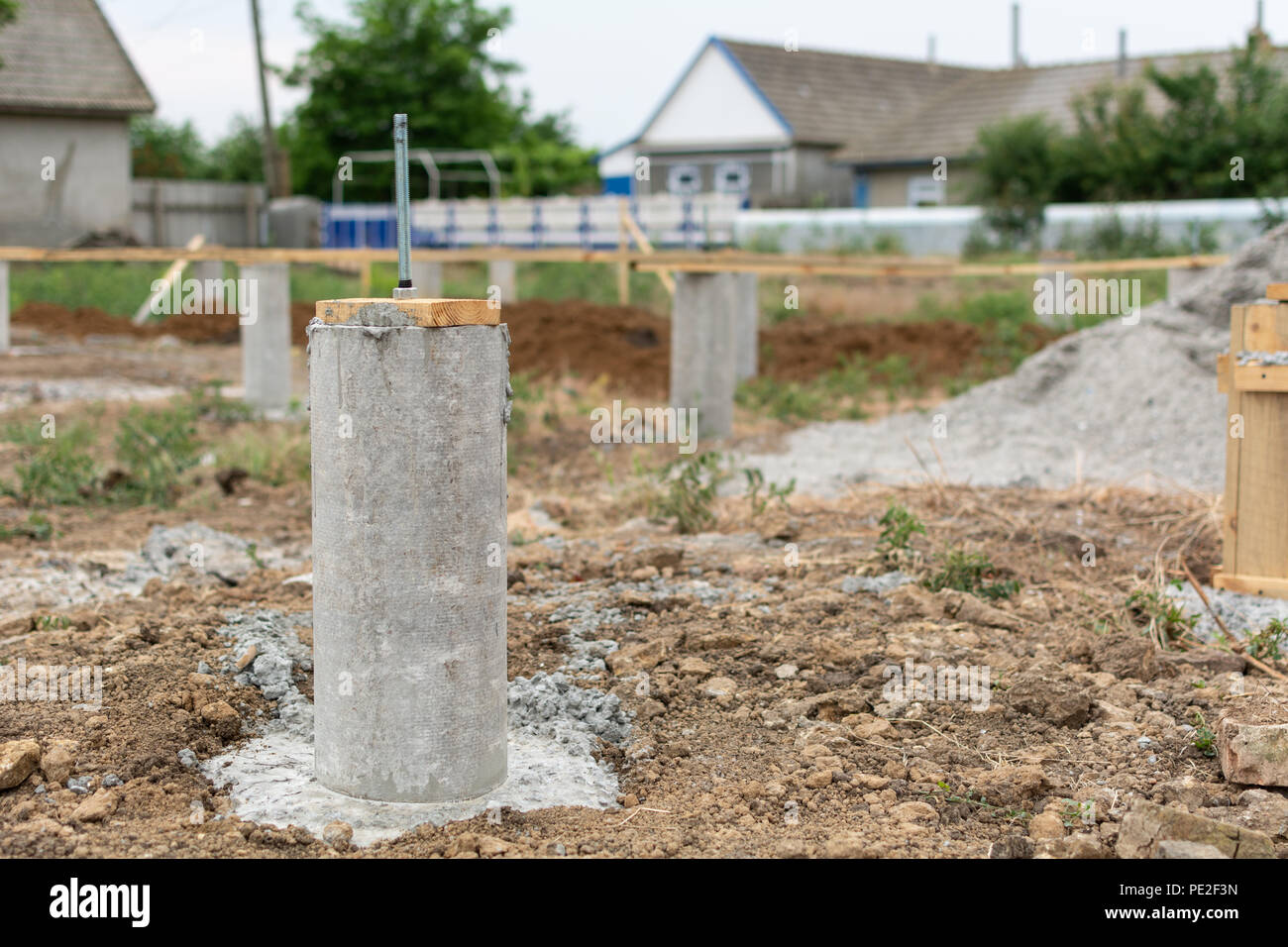 Construction of pile foundation. A series of photo building houses ...