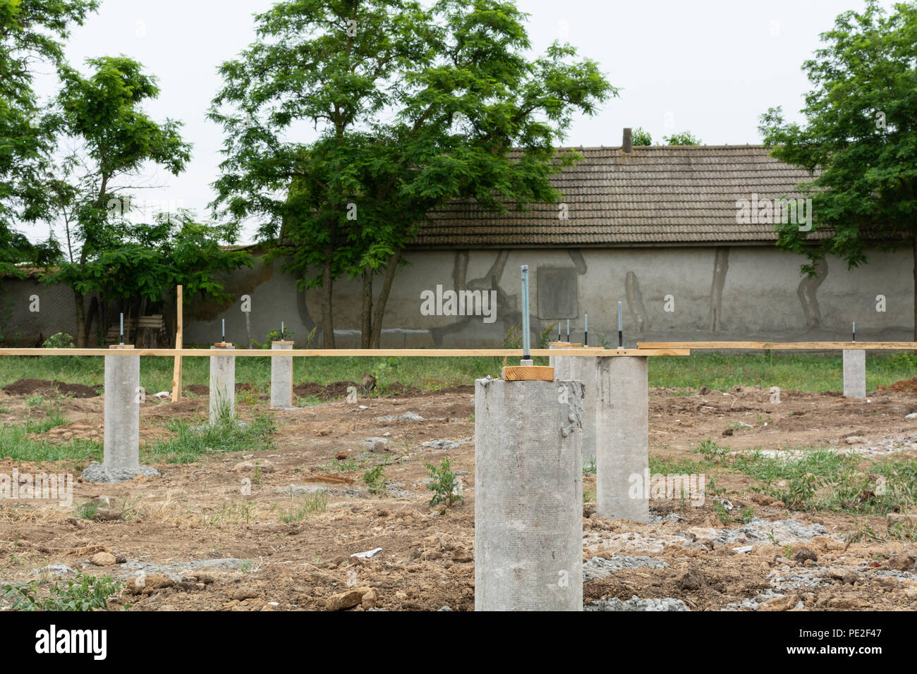 Construction of pile foundation. A series of photo building houses ...