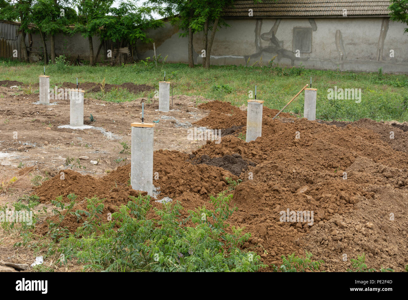 Construction of pile foundation. A series of photo building houses ...