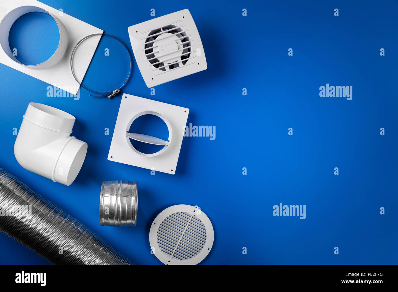 home ventilation system items on blue background with copy space. top ...