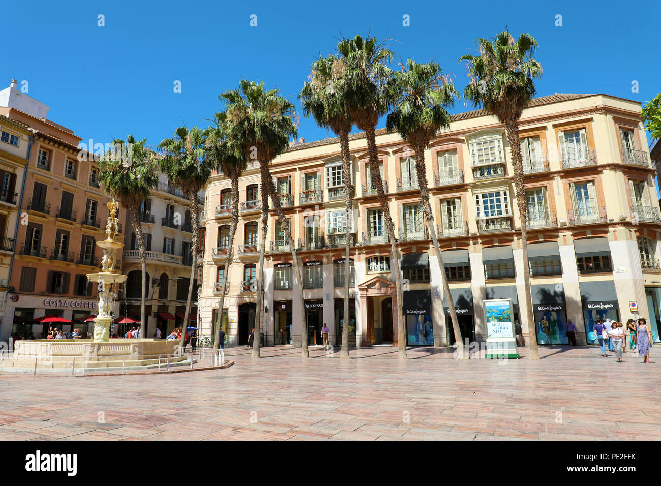 MALAGA, SPAIN - JUNE 12, 2018: Plaza de la Constitucion square e Fuente ...
