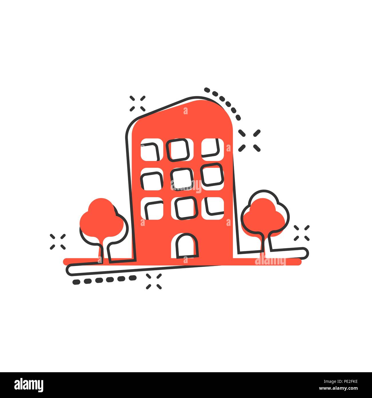 Vector cartoon building with trees in comic style. House sign ...