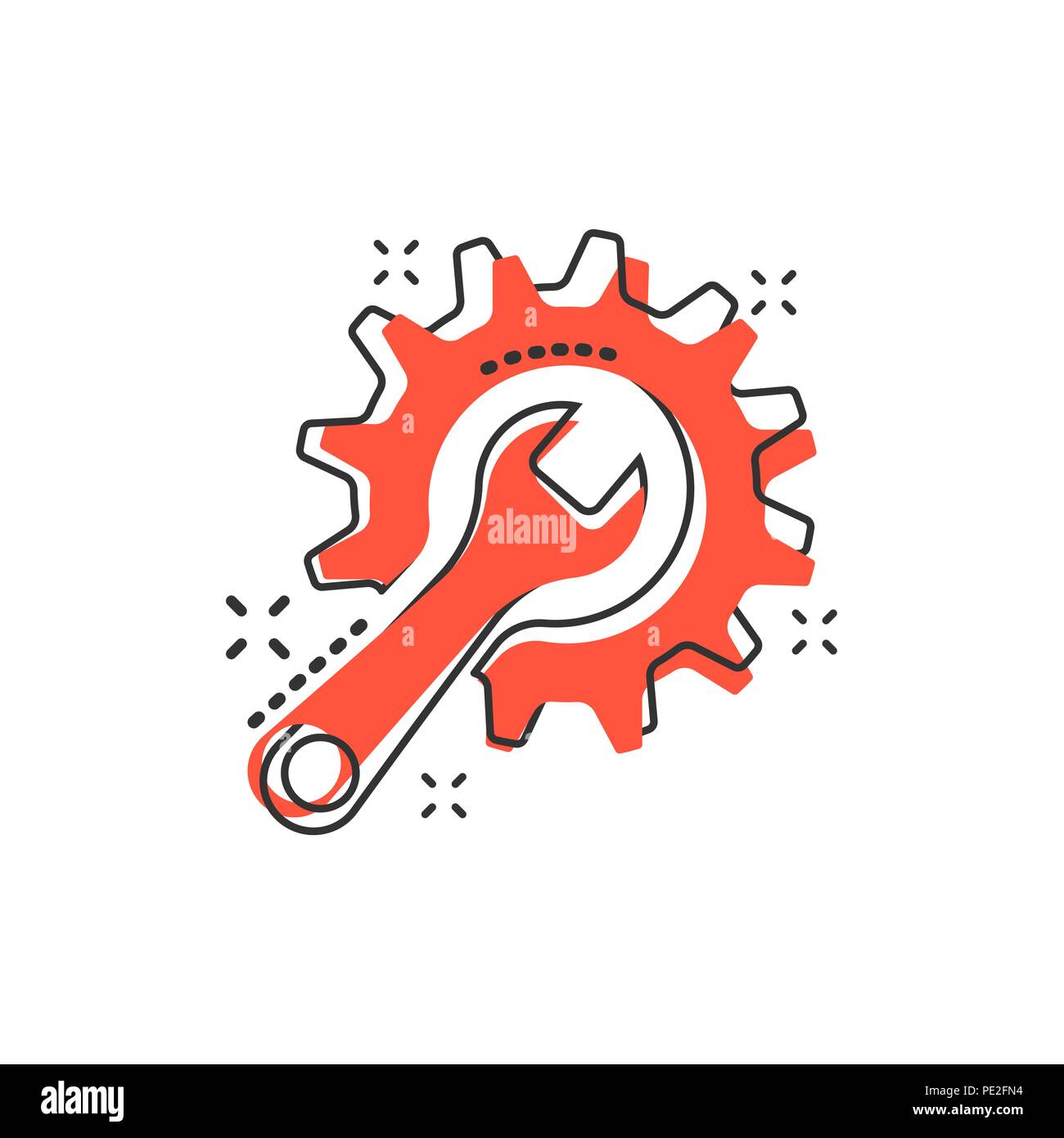 Vector cartoon service tool icon in comic style. Cogwheel with wrench ...