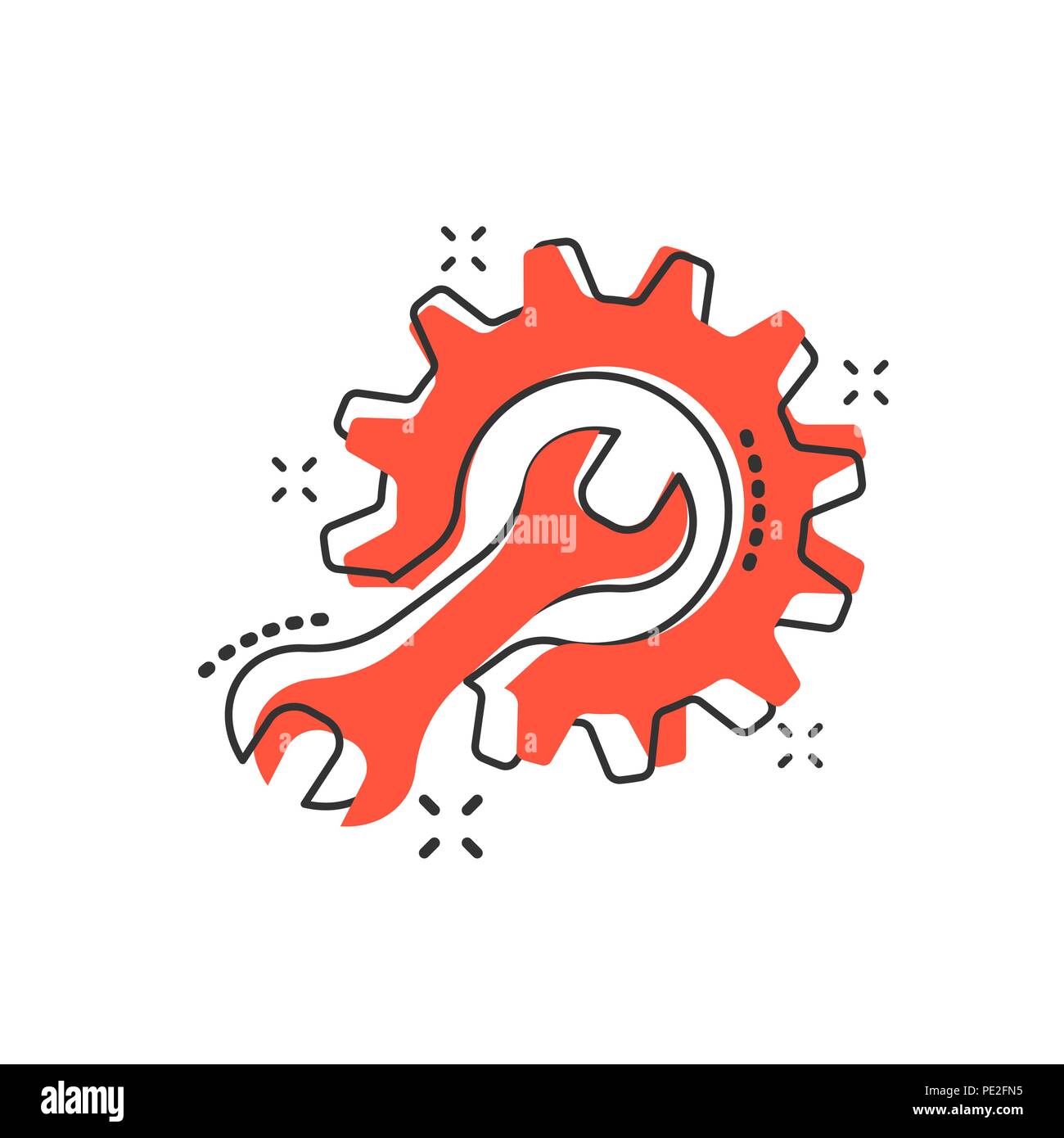 Vector cartoon service tool icon in comic style. Cogwheel with wrench ...