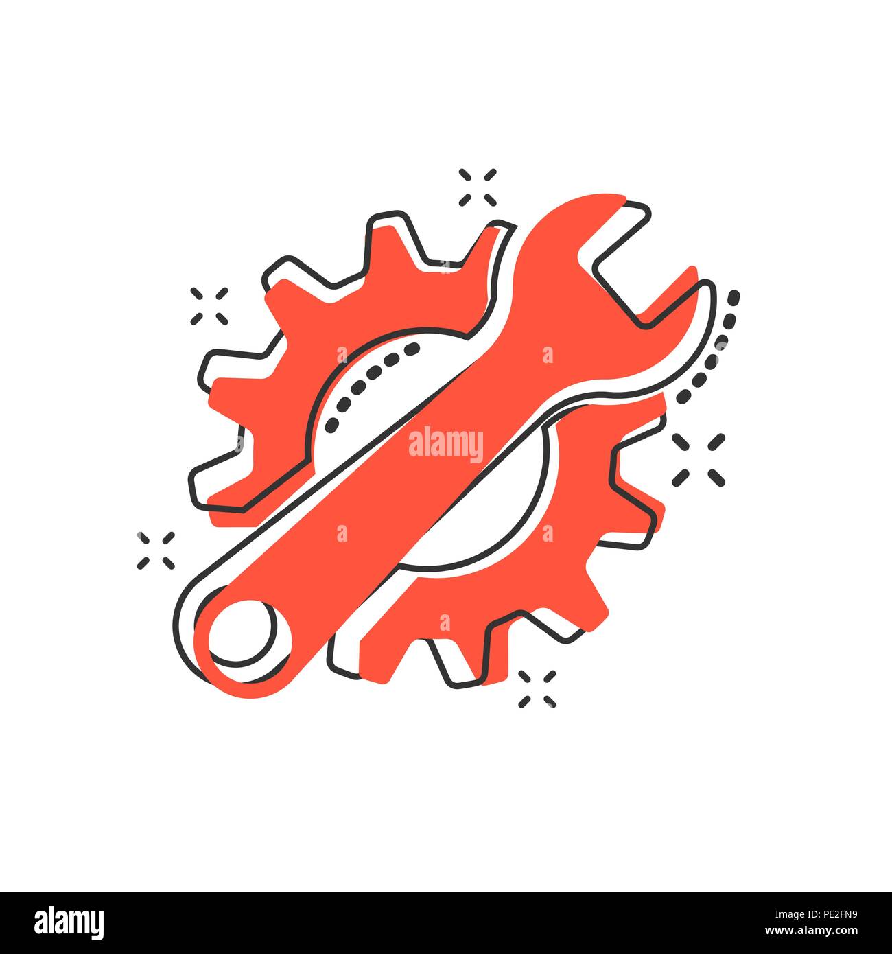 Vector cartoon service tool icon in comic style. Cogwheel with wrench ...