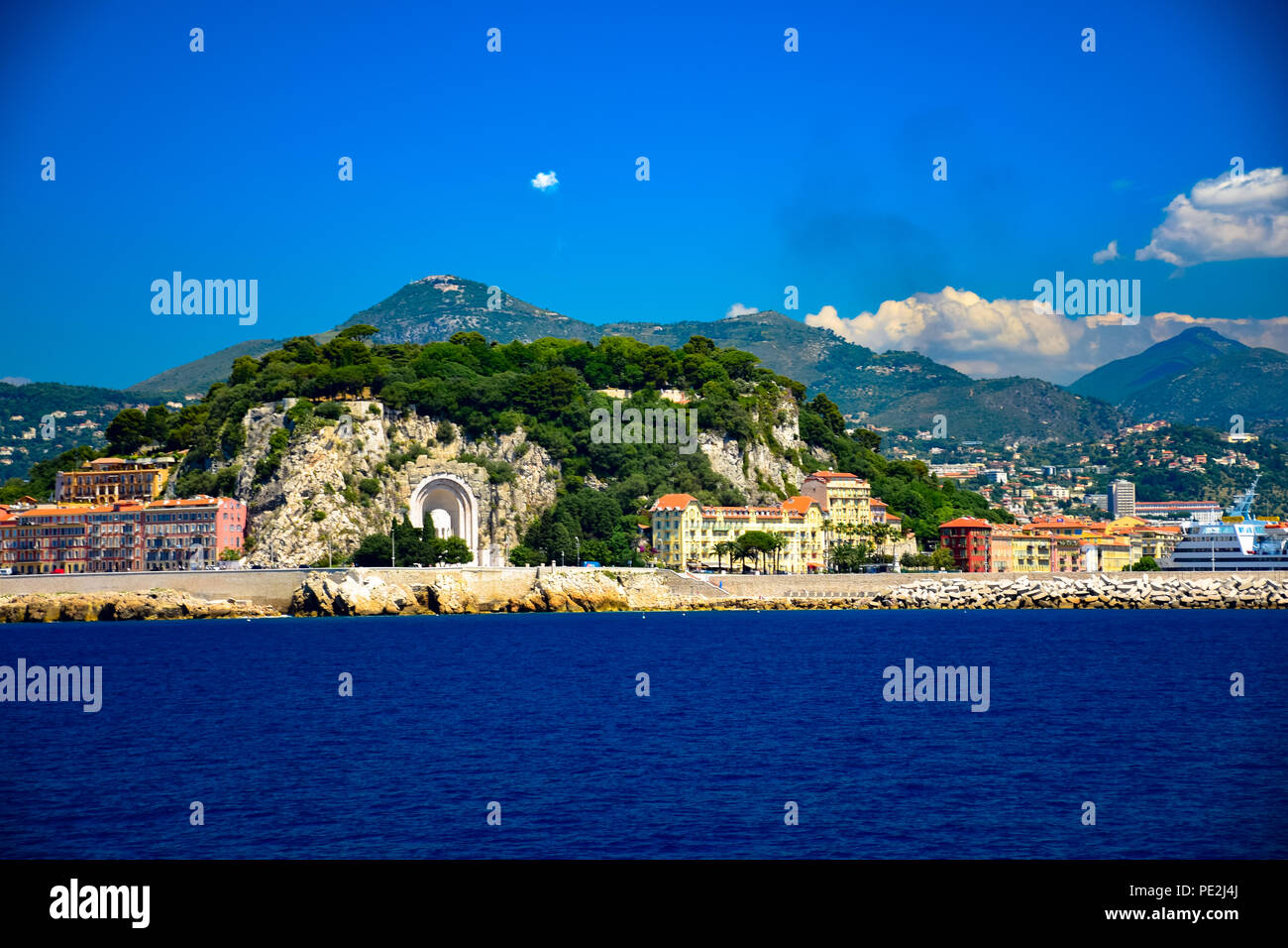 View of Castle Hill in Nice France as taken from the Baie Des Anges ...