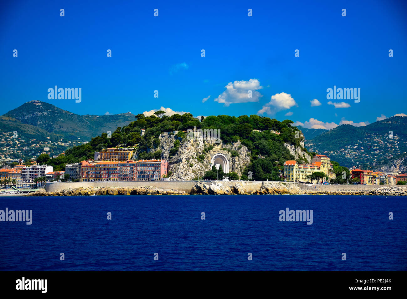 View of Castle Hill in Nice France as taken from the Baie Des Anges ...