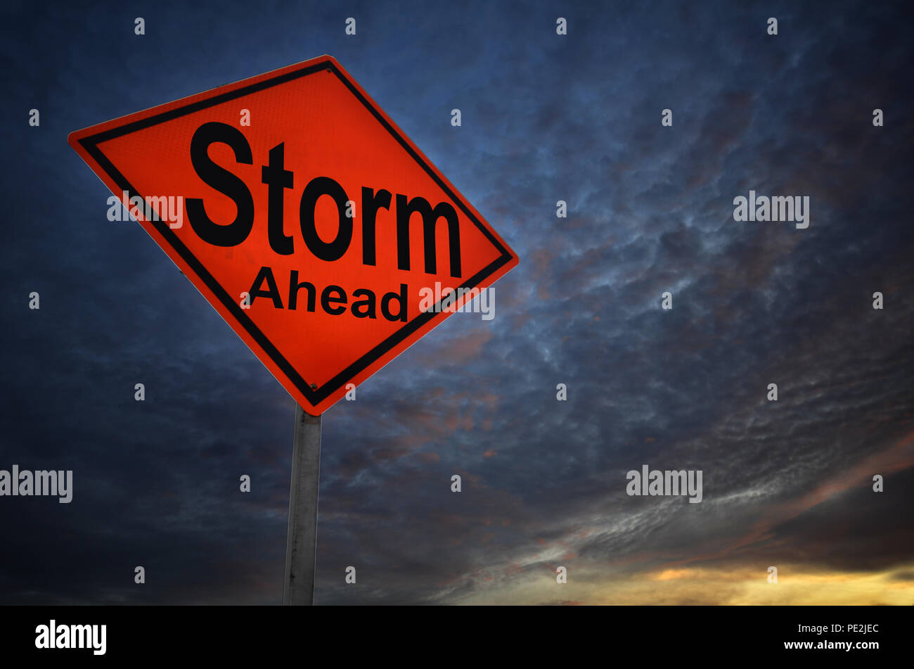 Storm warning road sign with storm background Stock Photo - Alamy