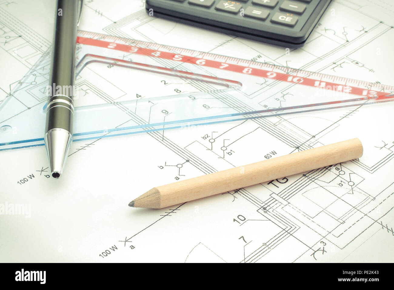 Drawing accessories and calculator on electrical construction drawing ...