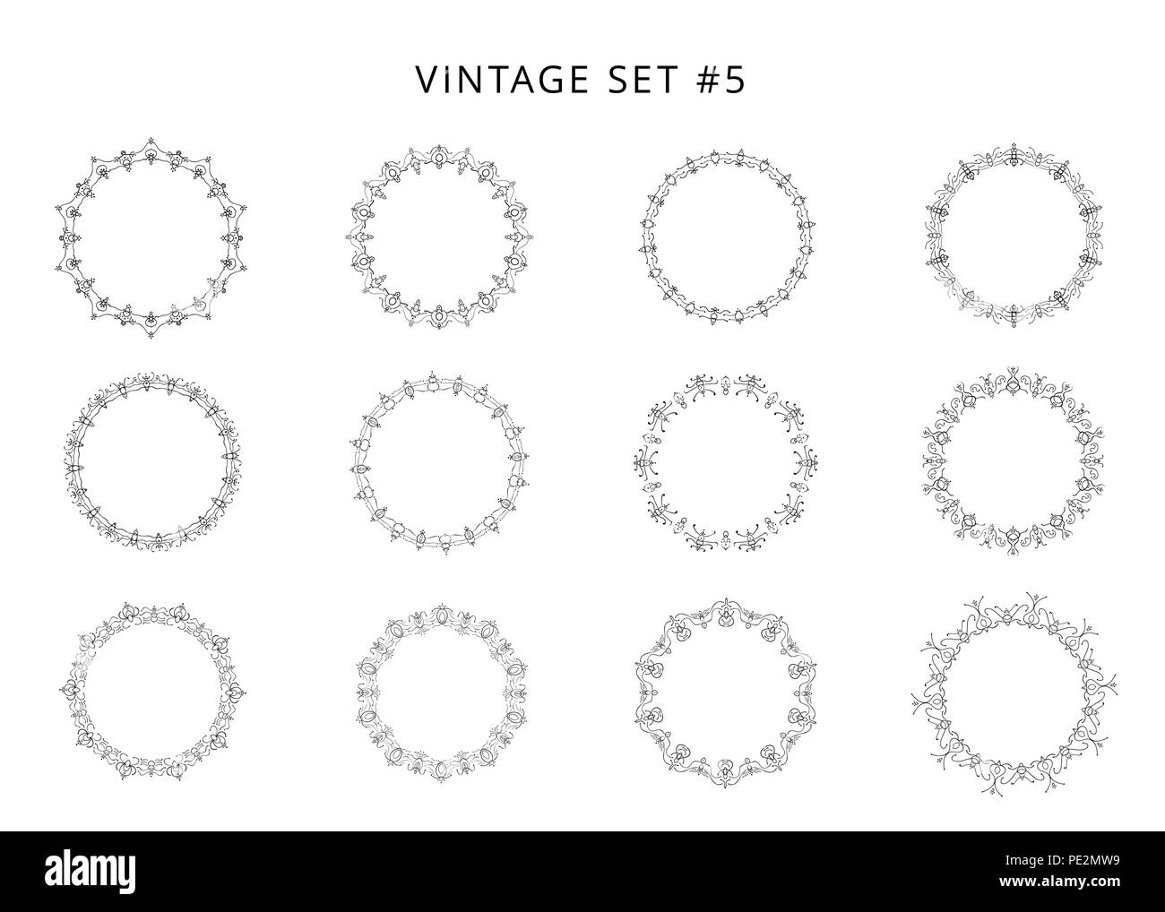 Set of round decorative frames. Collection of black retro elements ...