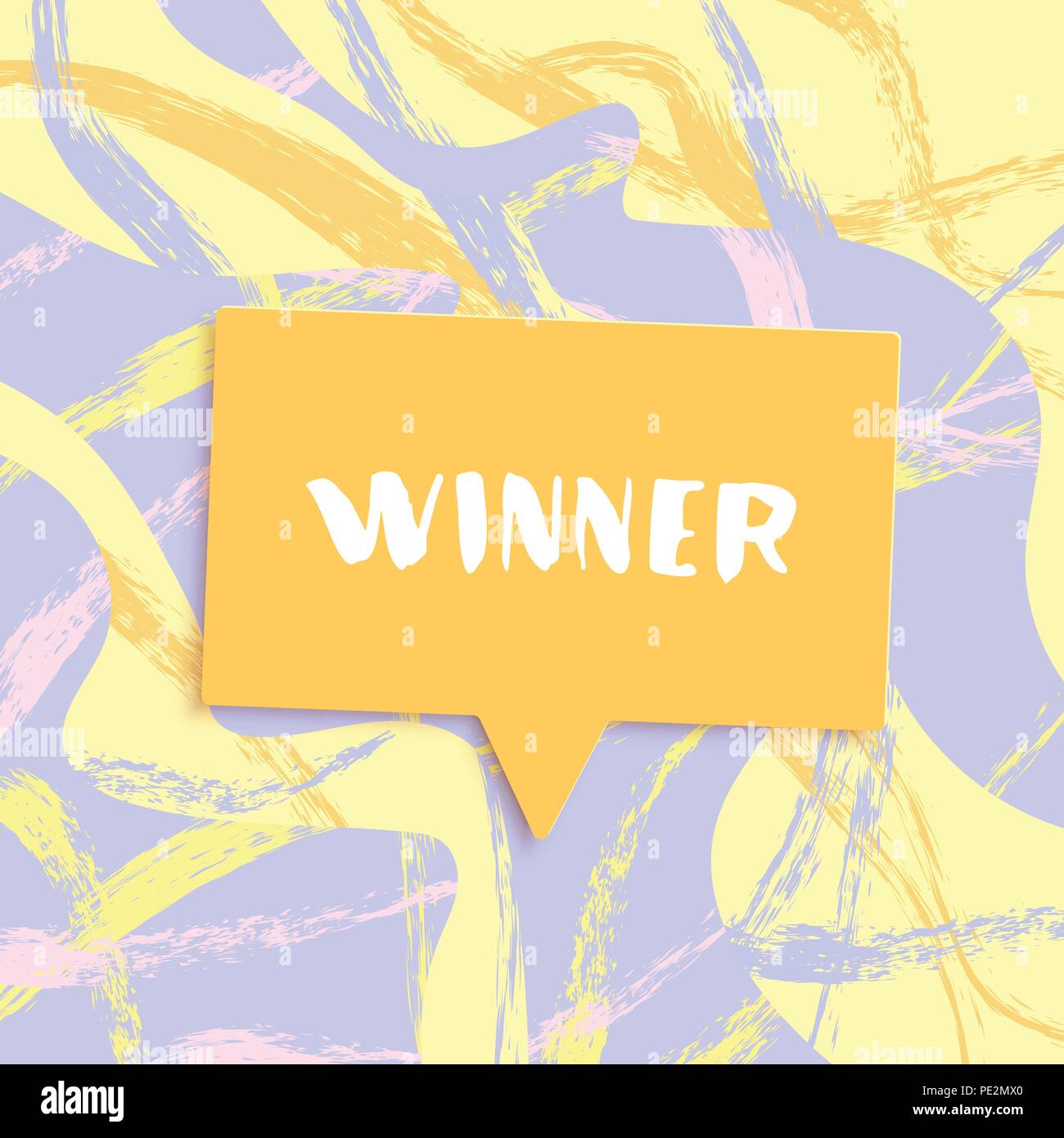 Winner square card. Handwritten lettering with speech bubble and bright ...