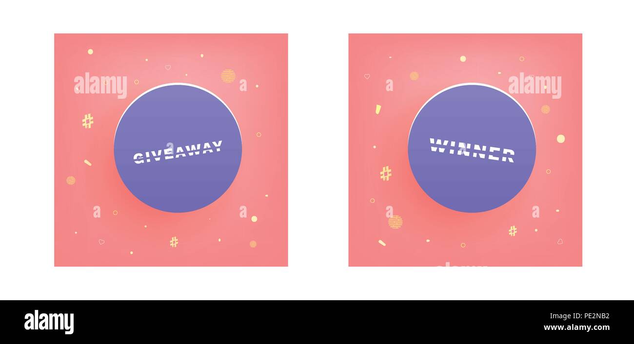 Giveaway and Winner square cards with round button. Sliced lettering ...