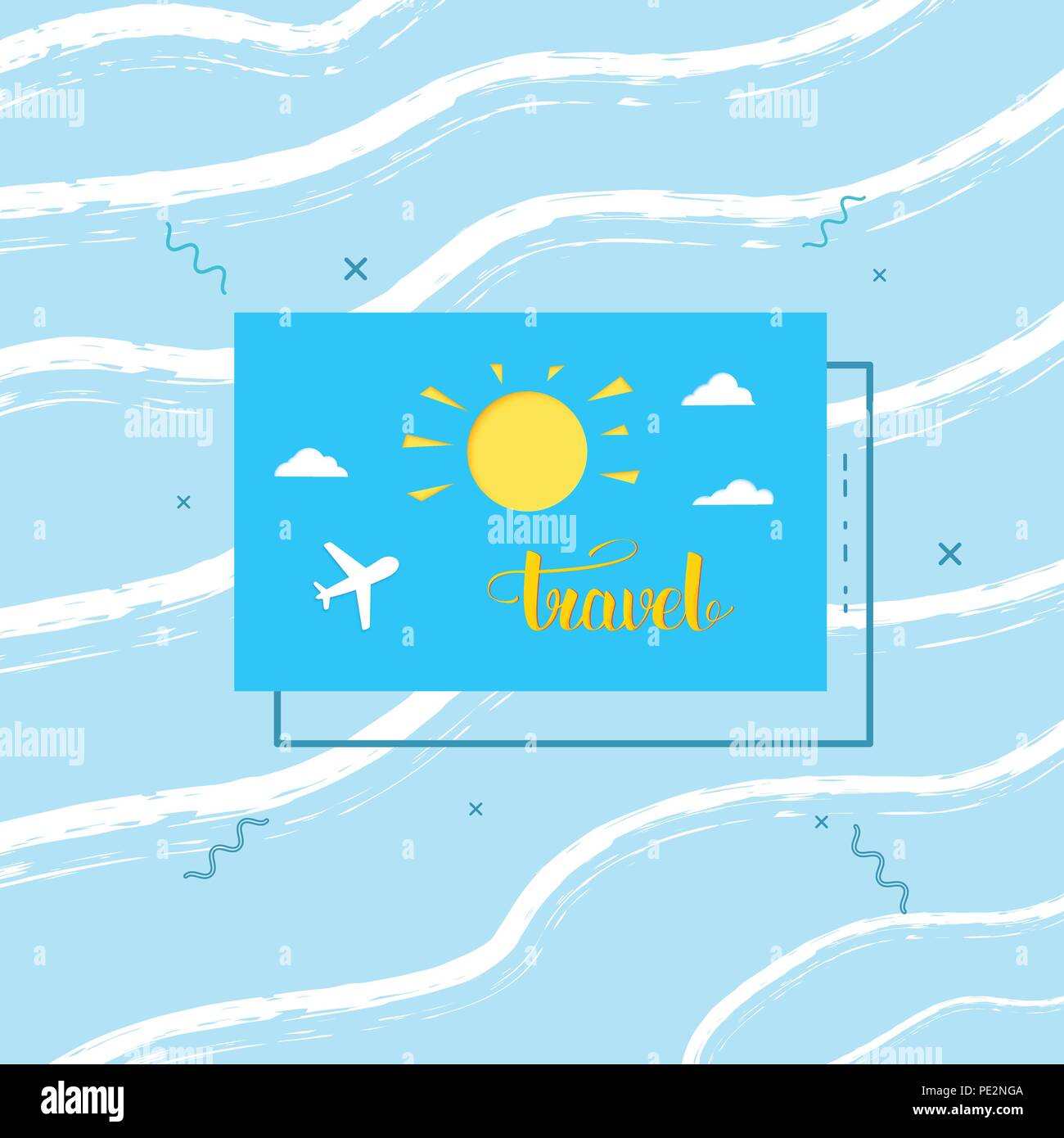 Travel square banner. Card with paper cut style shapes, geometric badge ...