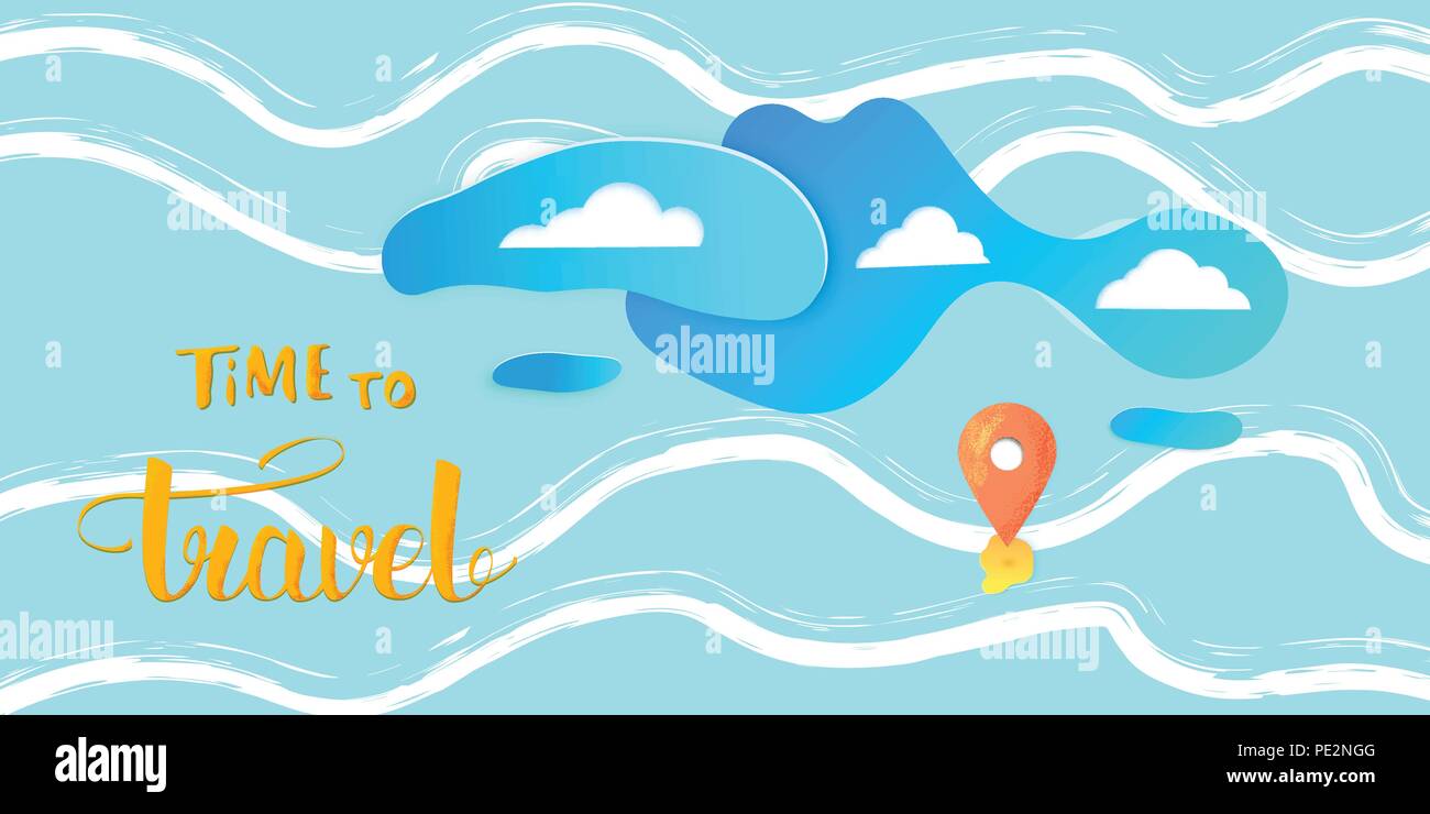 Travel banner. Decorative background with map pointer, clouds and ...